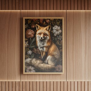 Vintage Fuchs im Blumengarten Kunstdruck, Rustikale Waldlandschaft Wanddeko, Fuchs unter Blumen ...