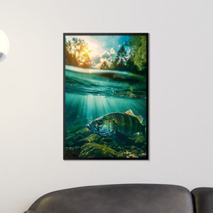 Largemouth Bass Poster, Underwater Fishing Scene, Freshwater Fish Wall ...