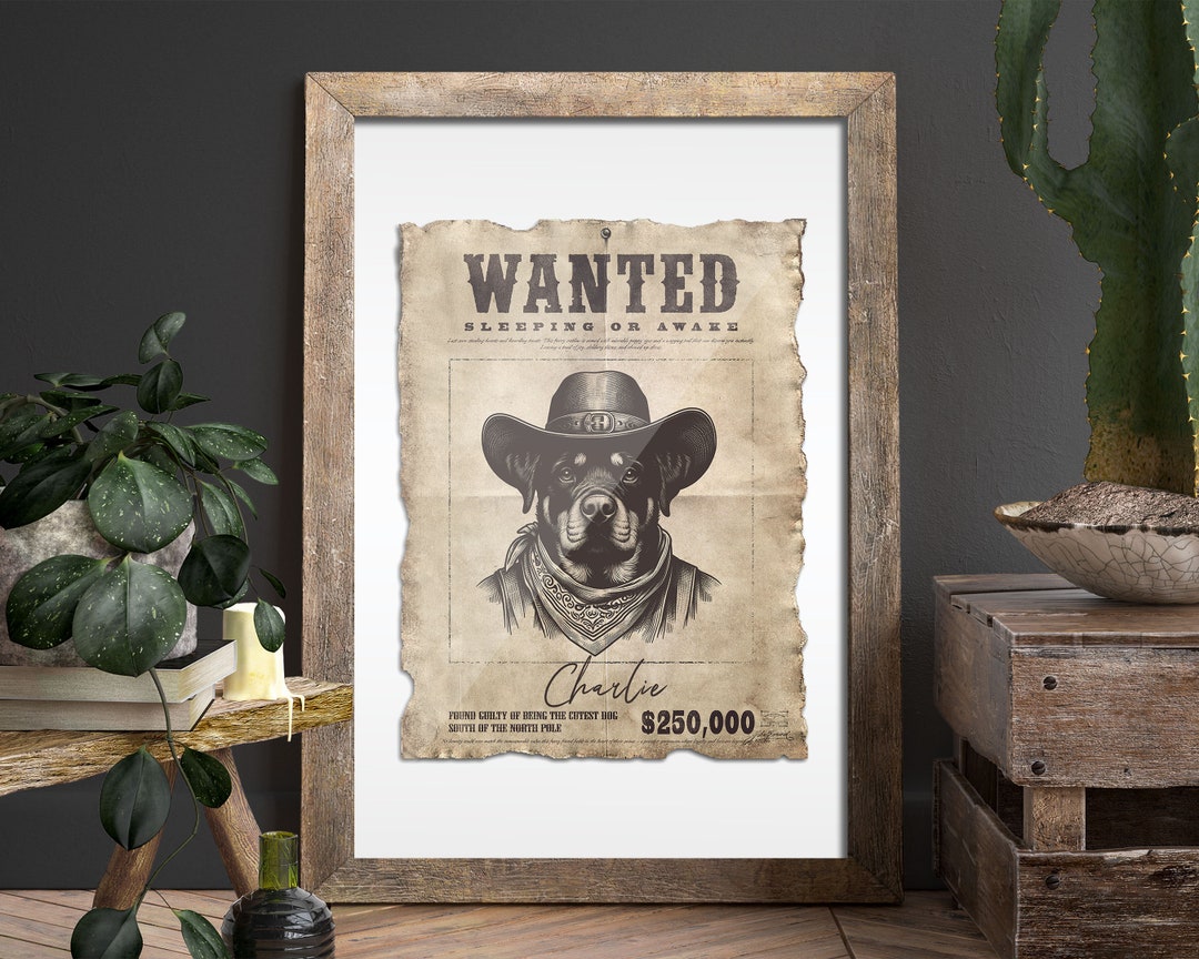 Customizable Wanted Rottweiler Poster, Art Print, Funny Cowboy Dog ...