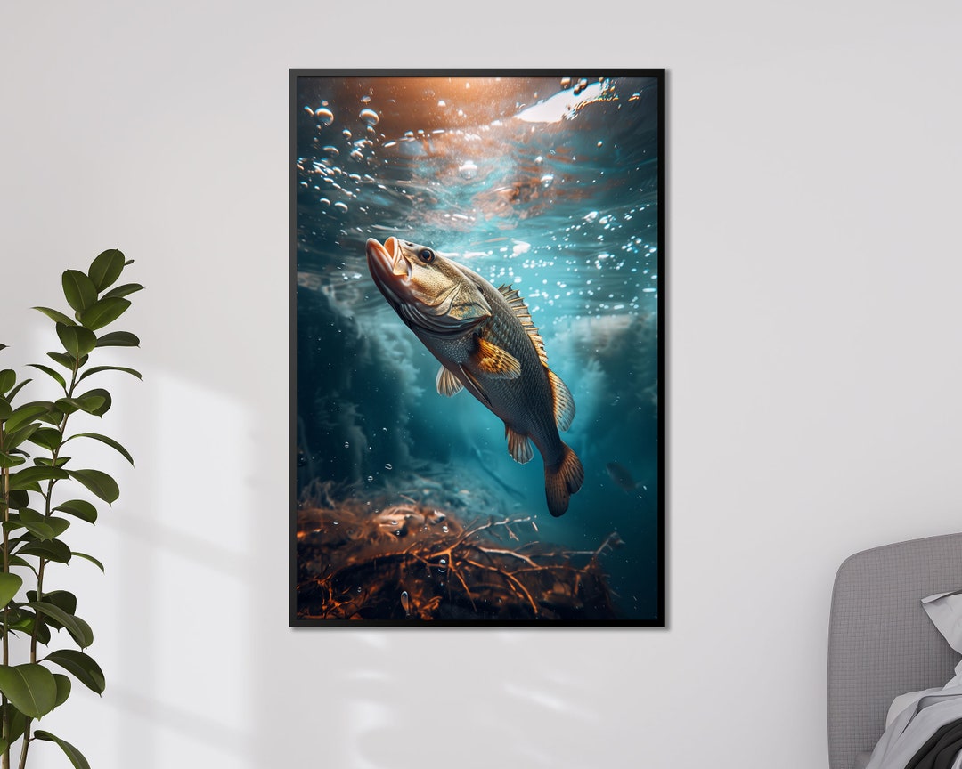 Bass Fishing Poster, Underwater Fishing Art, Freshwater Fish Wall Decor ...
