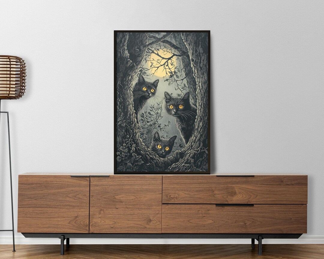 Black Cat Poster, Moonlit Forest Art, Mystical Cat Wall Print, Charming ...