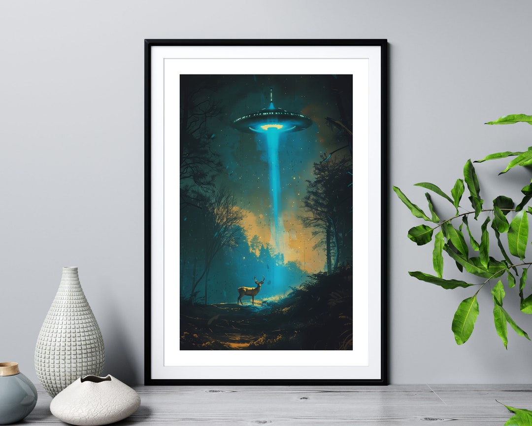 Mystical Forest Encounter Poster With UFO and Deer - Alien Abduction ...