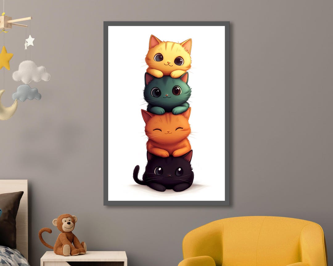 Adorable Stacked Cats Art Print – Cute and Colorful Wall Decor for Kids ...