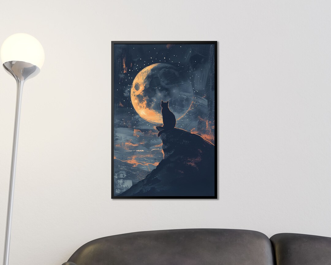 Mystical Cat and Moon Art Print, Celestial Cat Wall Decor, Moon Gazing ...