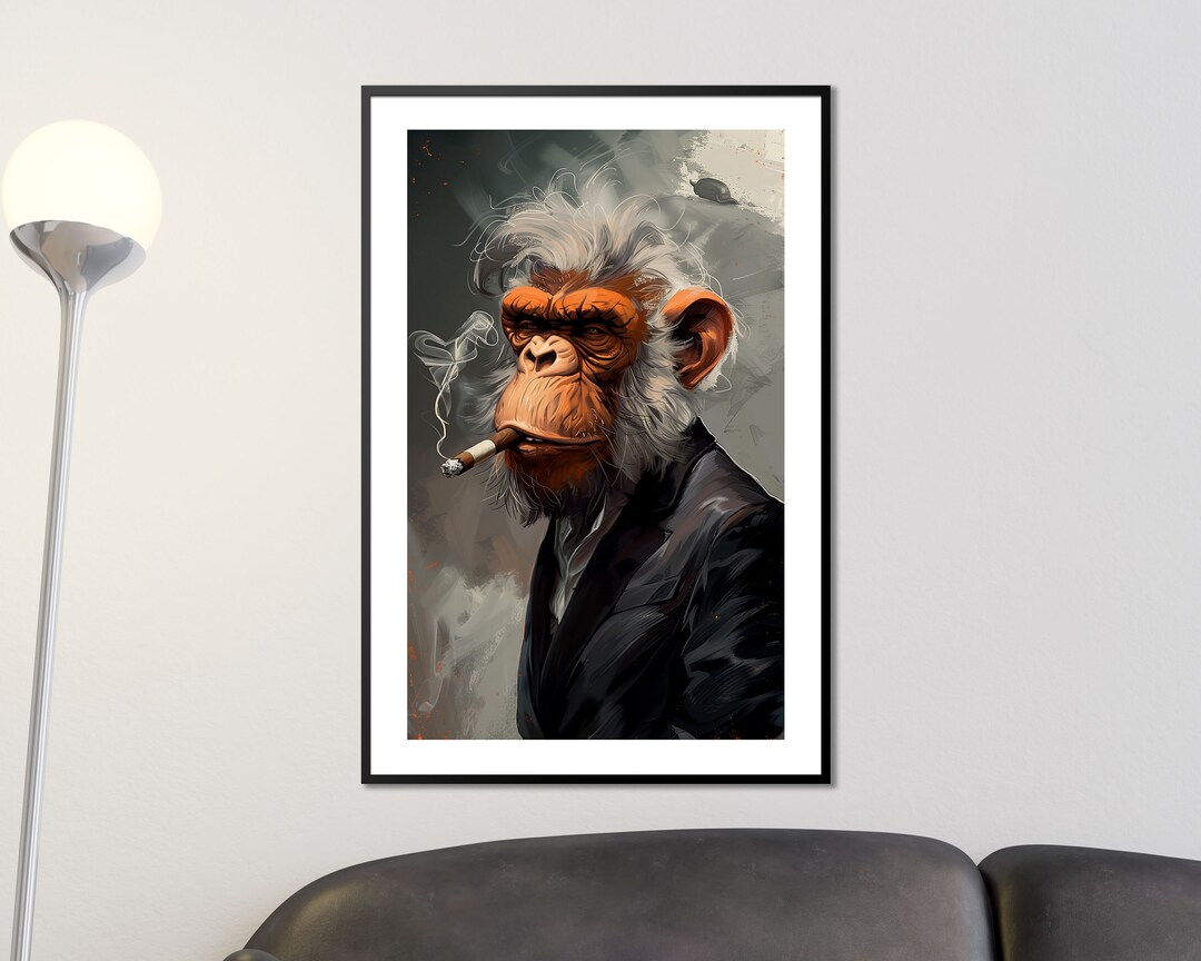 Smoking Monkey Art Print Quirky Animal Portrait Poster Humorous Wall ...