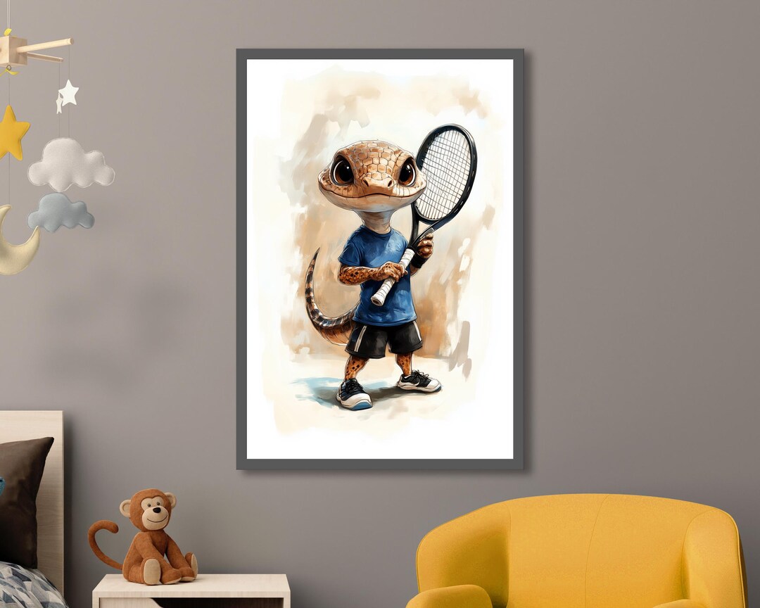 Funny Tennis Gecko Art Print - Whimsical Animal Sports Poster, Quirky ...