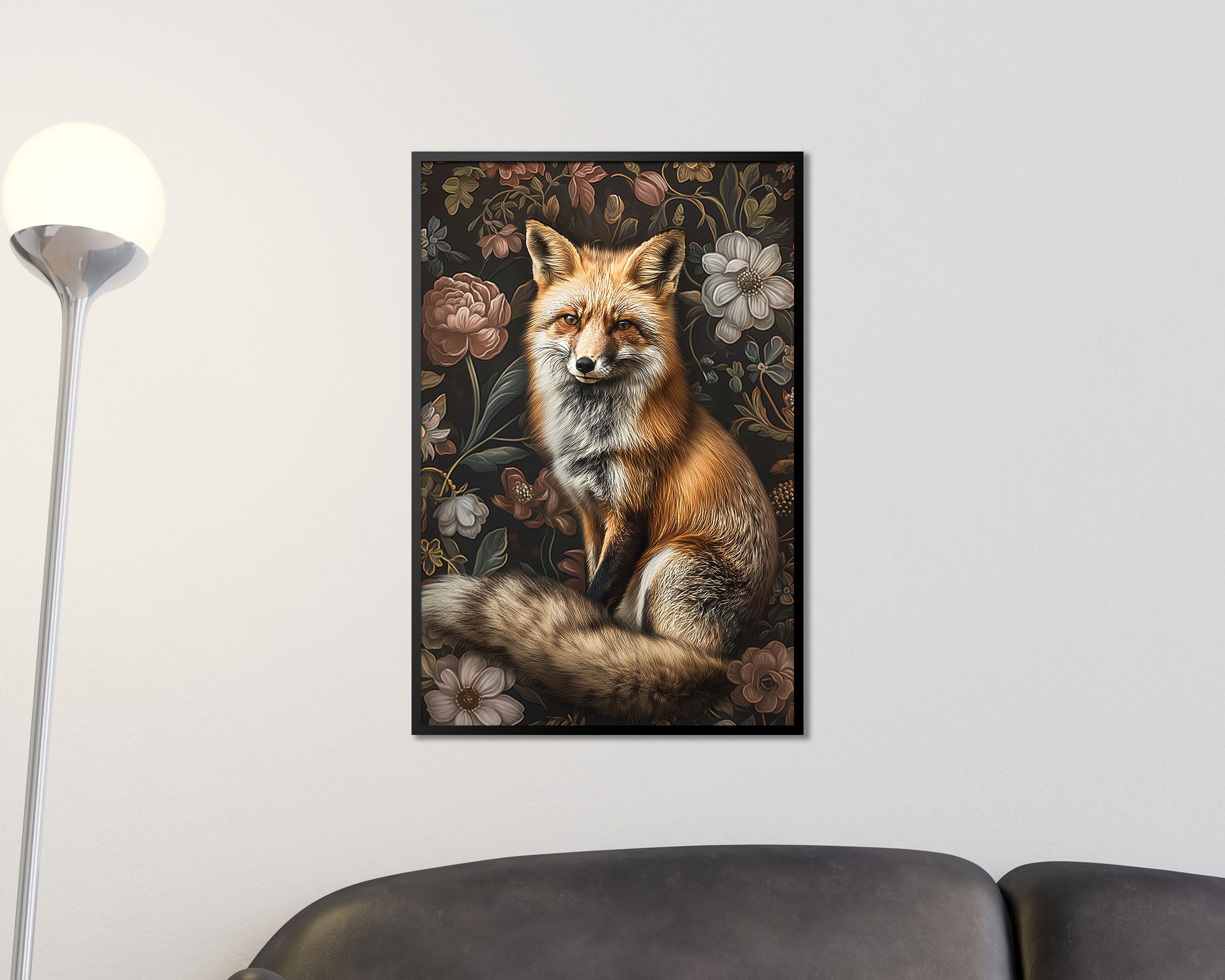 Vintage Fuchs im Blumengarten Kunstdruck, Rustikale Waldlandschaft Wanddeko, Fuchs unter Blumen ...