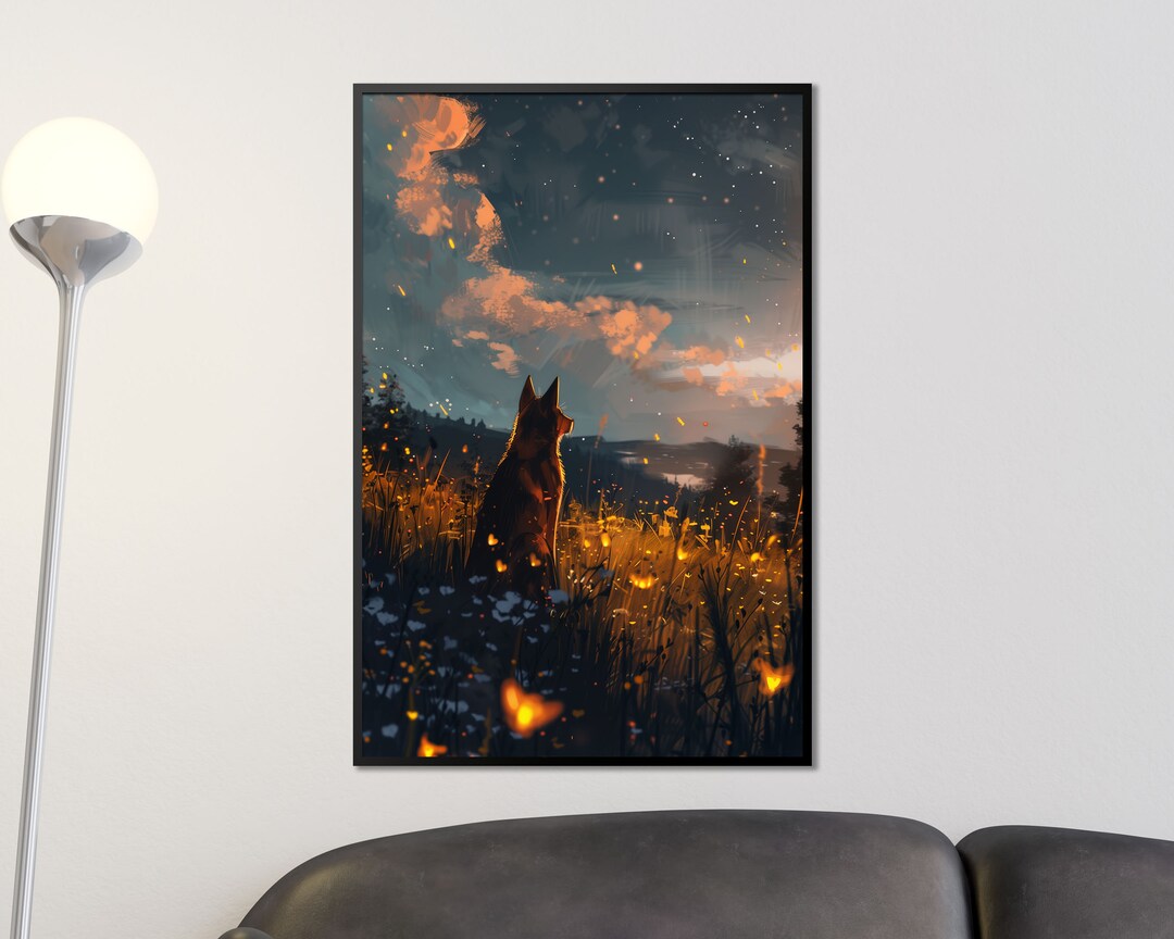 Twilight Dog Art Print, Serene Dog in Wildflowers Wall Decor, Fireflies ...