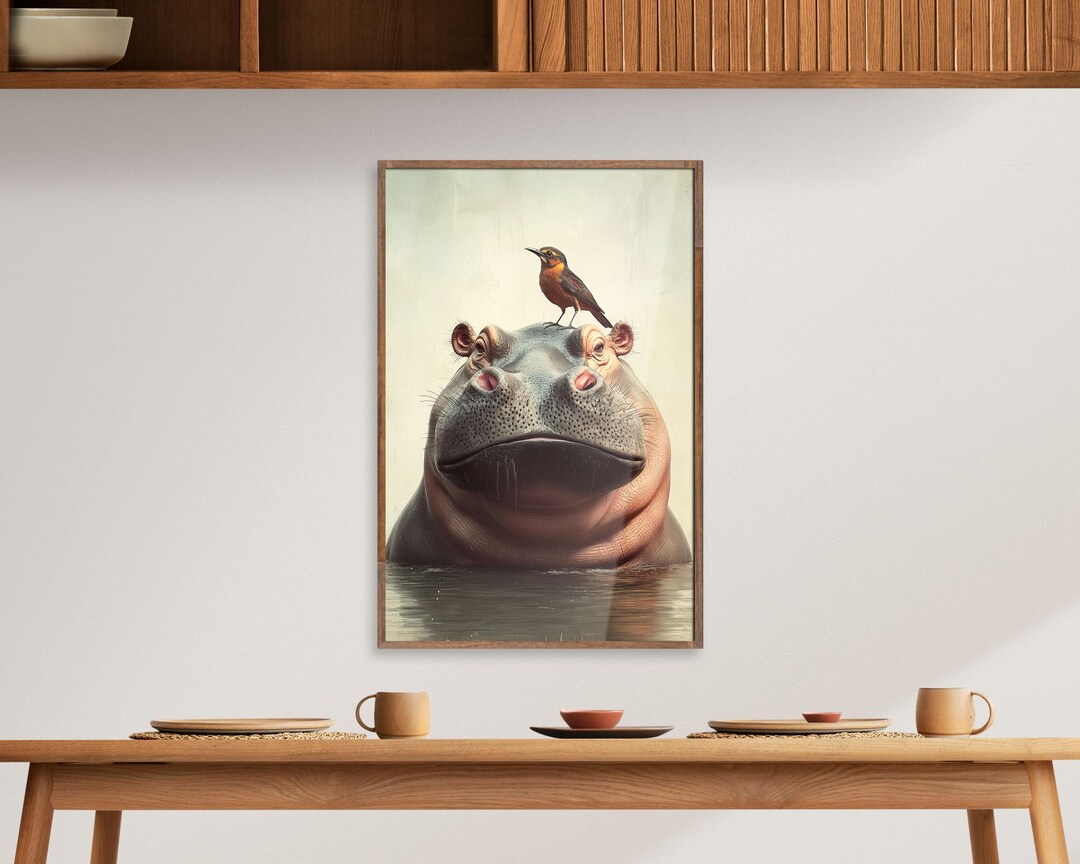 Hippo Wall Art Print, Funny Animal Poster, Bird on Hippo Illustration ...