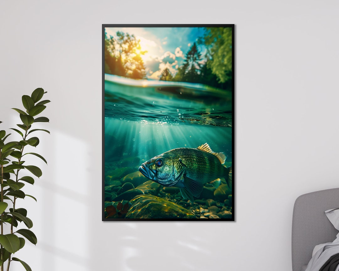 Largemouth Bass Poster, Underwater Fishing Scene, Freshwater Fish Wall ...