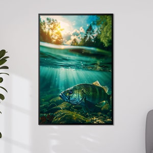 Largemouth Bass Poster, Underwater Fishing Scene, Freshwater Fish Wall ...