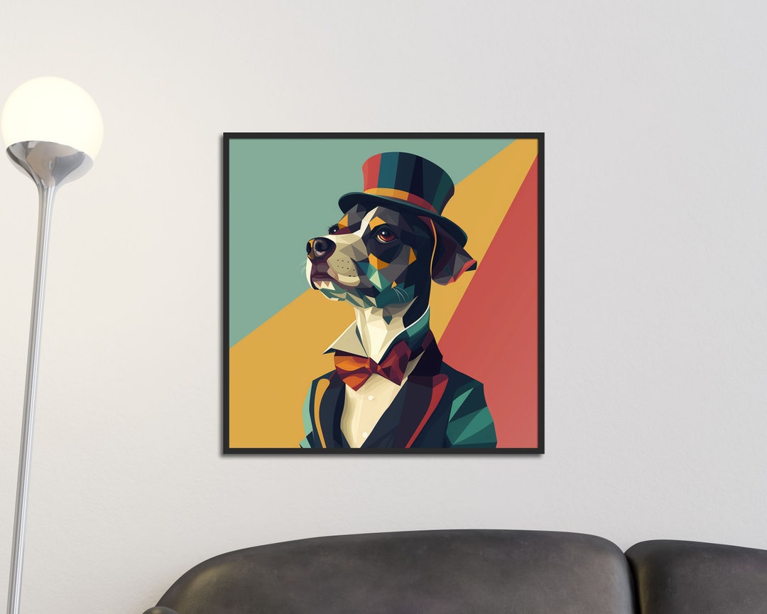 Dapper Dog in Top Hat Art Print, Geometric Pet Portrait, Colorful Dog ...