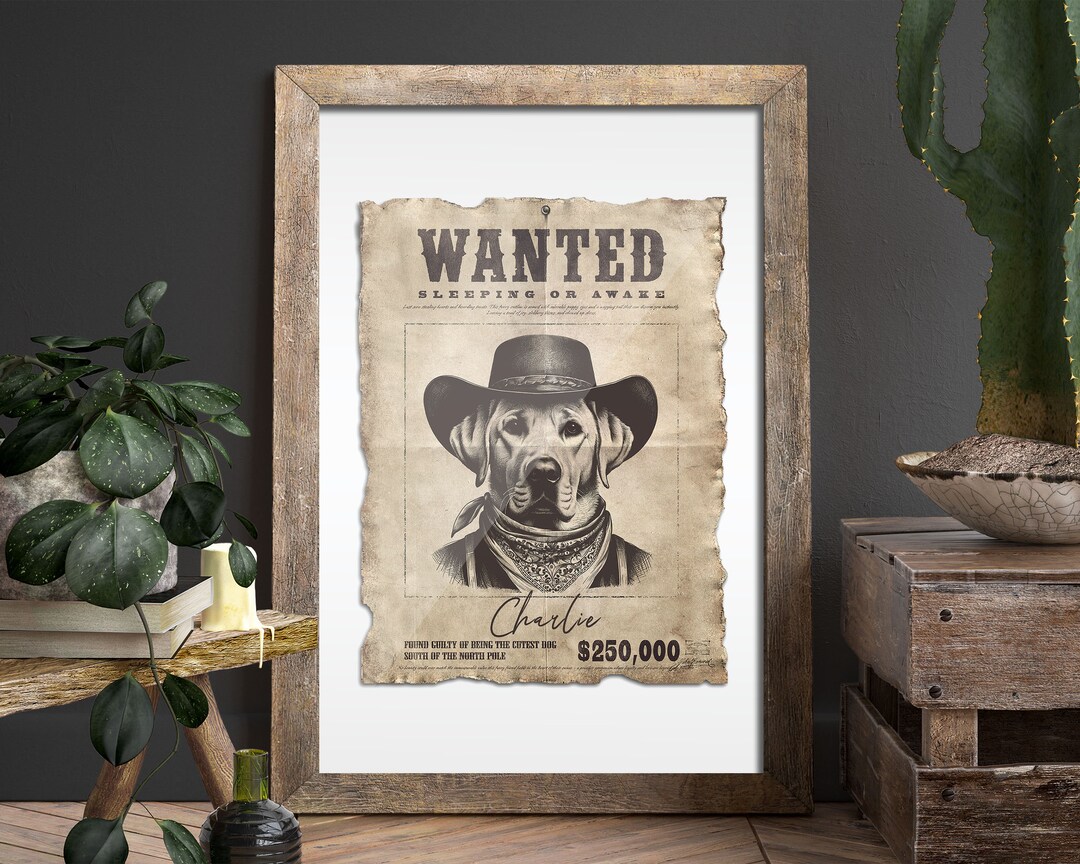 Customizable Wanted Labrador Retriever Poster, Art Print, Funny Cowboy Dog Portrait, Unique Home ...