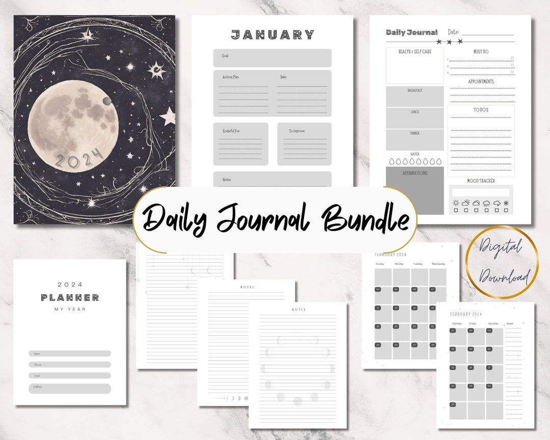 Moonlit Sky Night Themed 2024 Customizable Daily Journal Wellness Daily ...