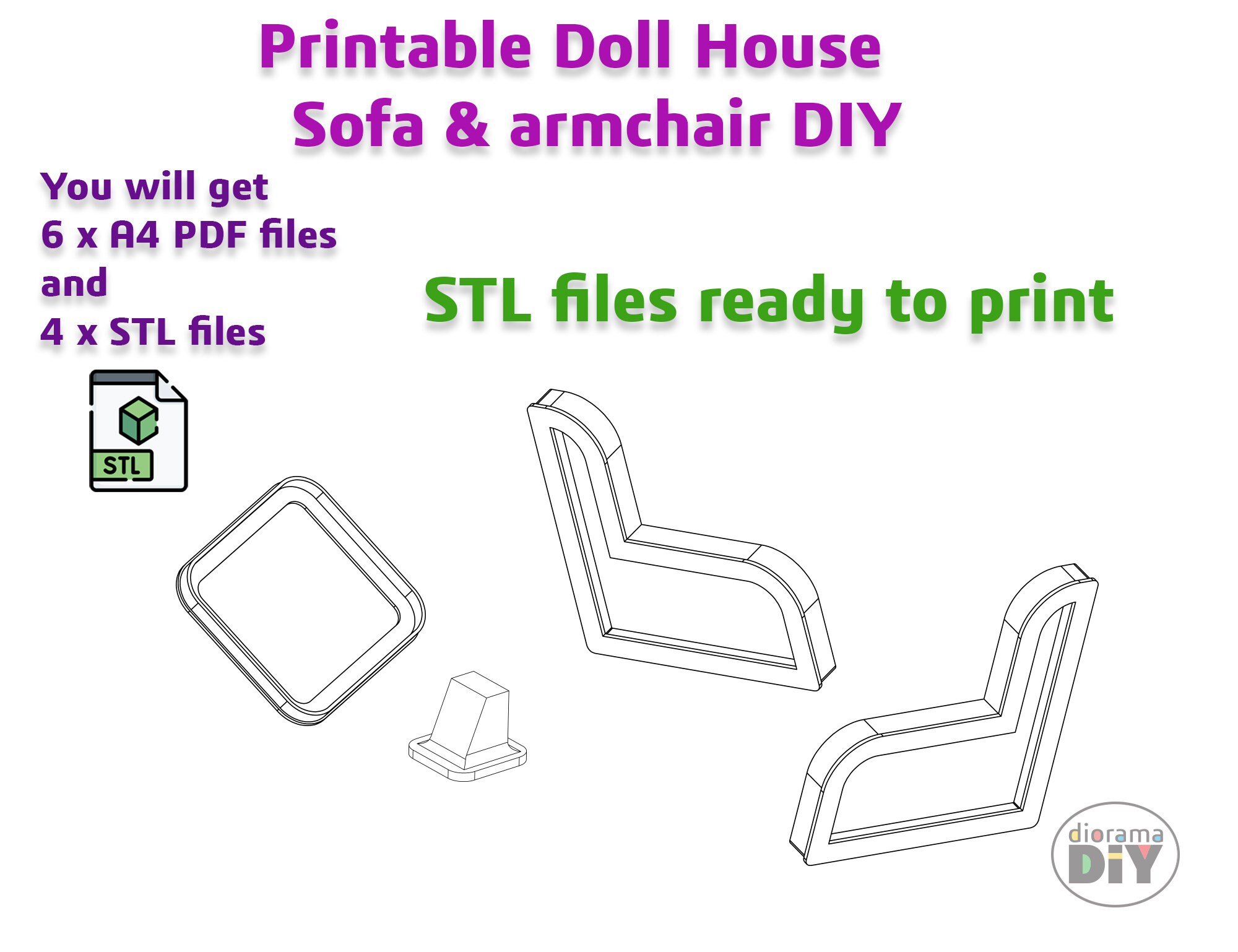 DIY Printable Diorama Dollhouse Sofa and Armchairs 1:12 Instant ...