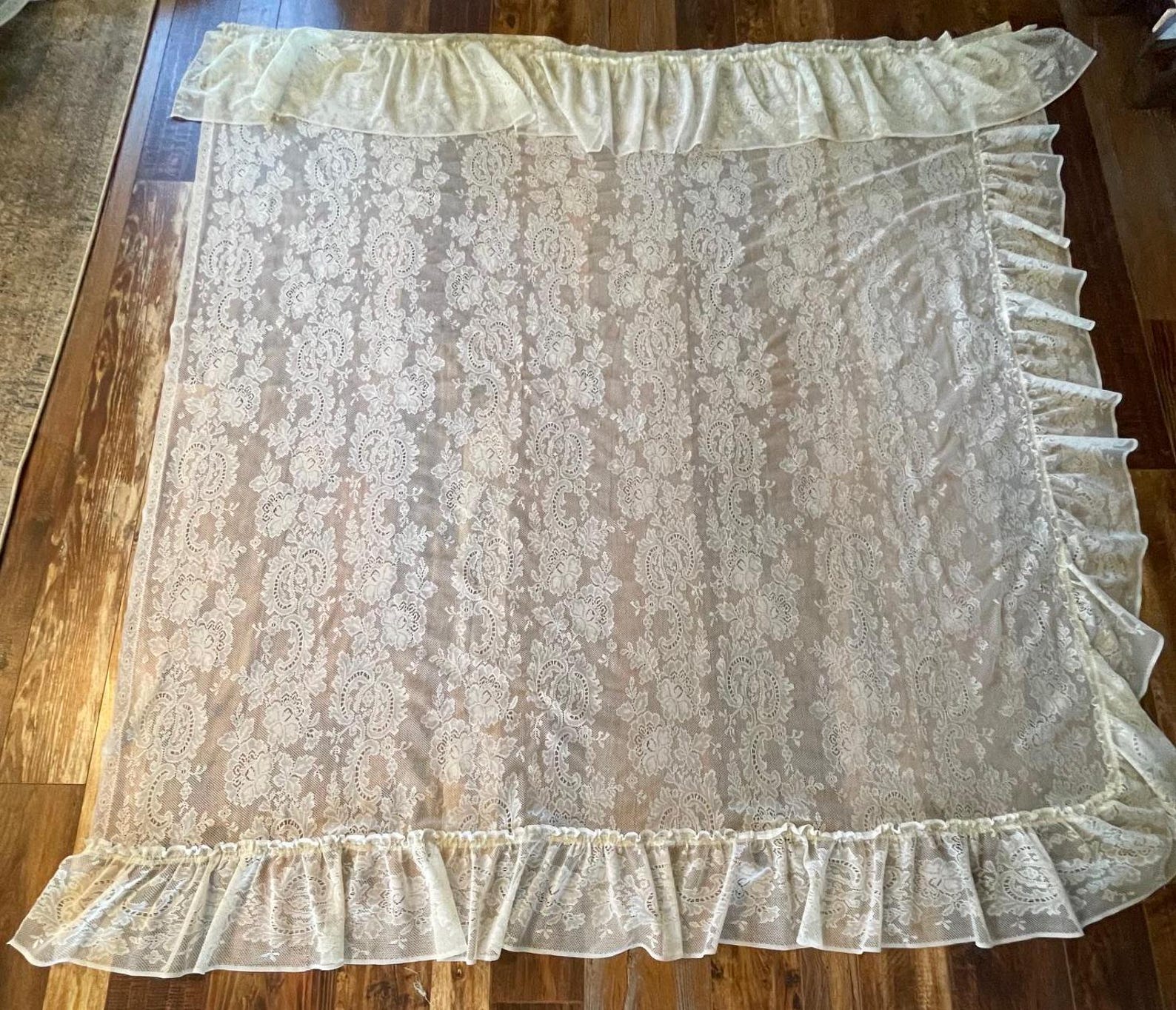 Vintage Ruffled Panel Pair of Lace Curtains Off-white/light Cream Color ...