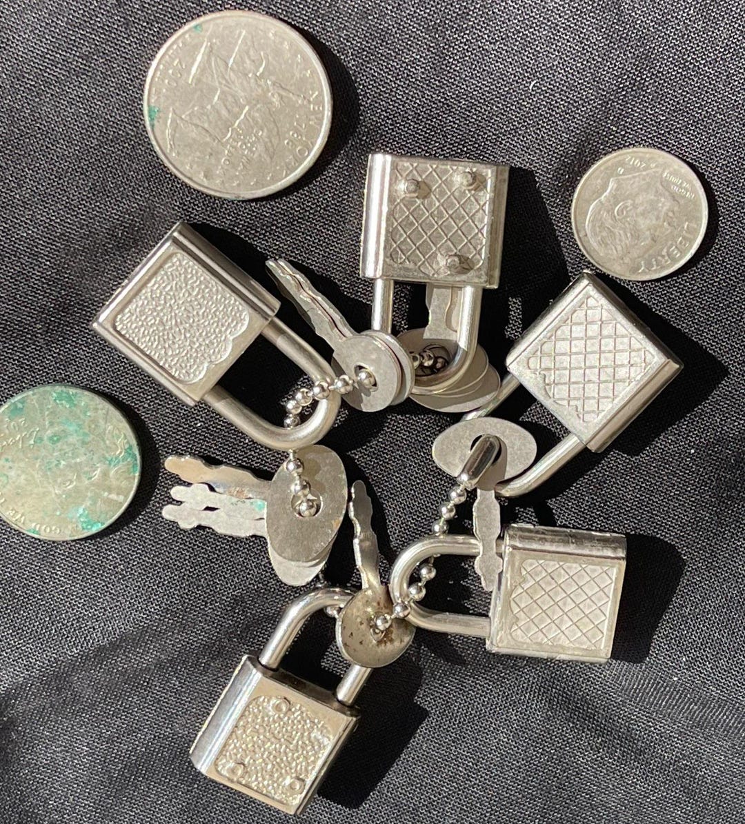 5 Small Vintage Silver Tone Miniature Locks and Keys (#11) With ...