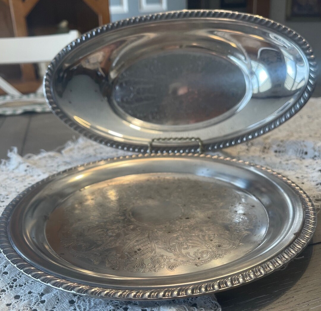 Vintage Silver Plate Serving Dishes: Etched Bread Tray & Round Plate - Etsy