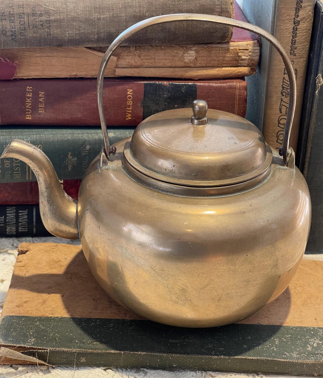 Vintage Heavy Brass Teapot Kettle Stovetop Rustic Metalware Country ...