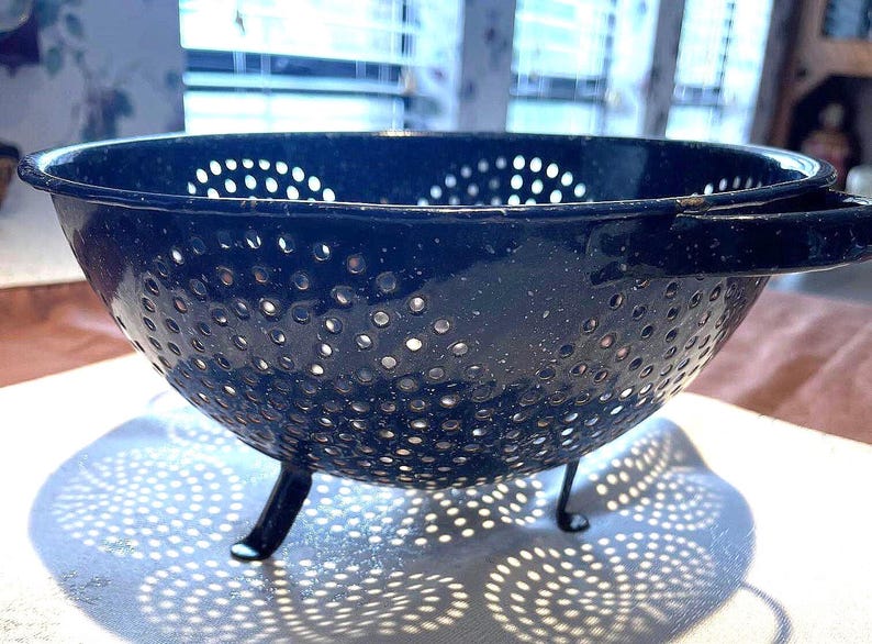 Vintage Dark Navy Blue Speckled Enamelware Colander With Handles and ...