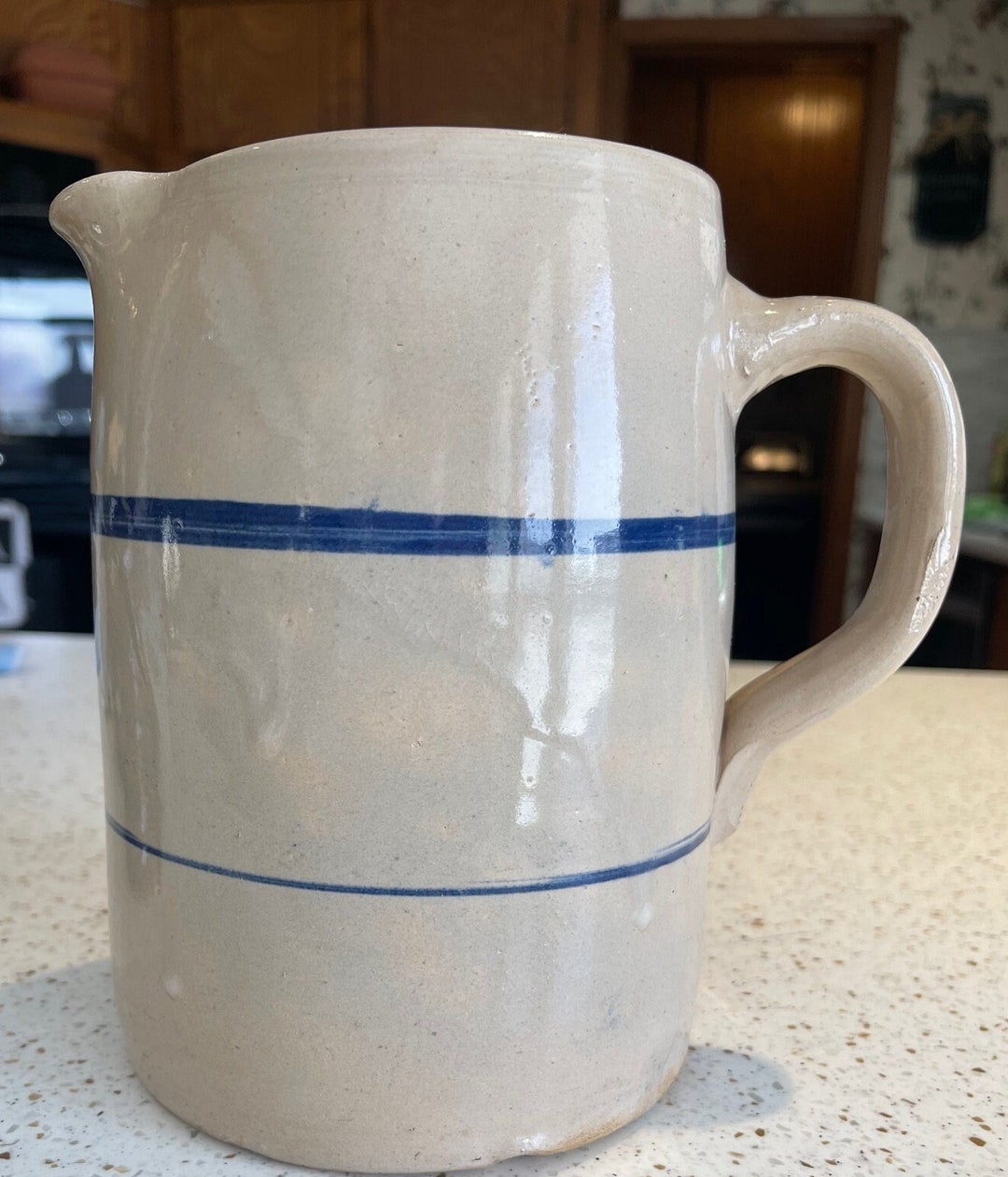 Vintage Rustic Country Farmhouse Double Striped Cobalt Blue Beige Crock ...