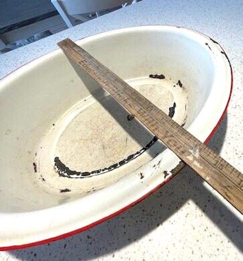 Rustic Enamelware Tub: 18" Oval Basin With Red Trim, Farmhouse Decor - Etsy