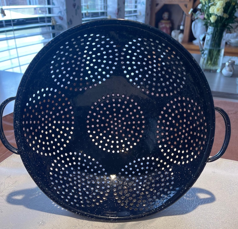 Vintage Dark Navy Blue Speckled Enamelware Colander With Handles and ...