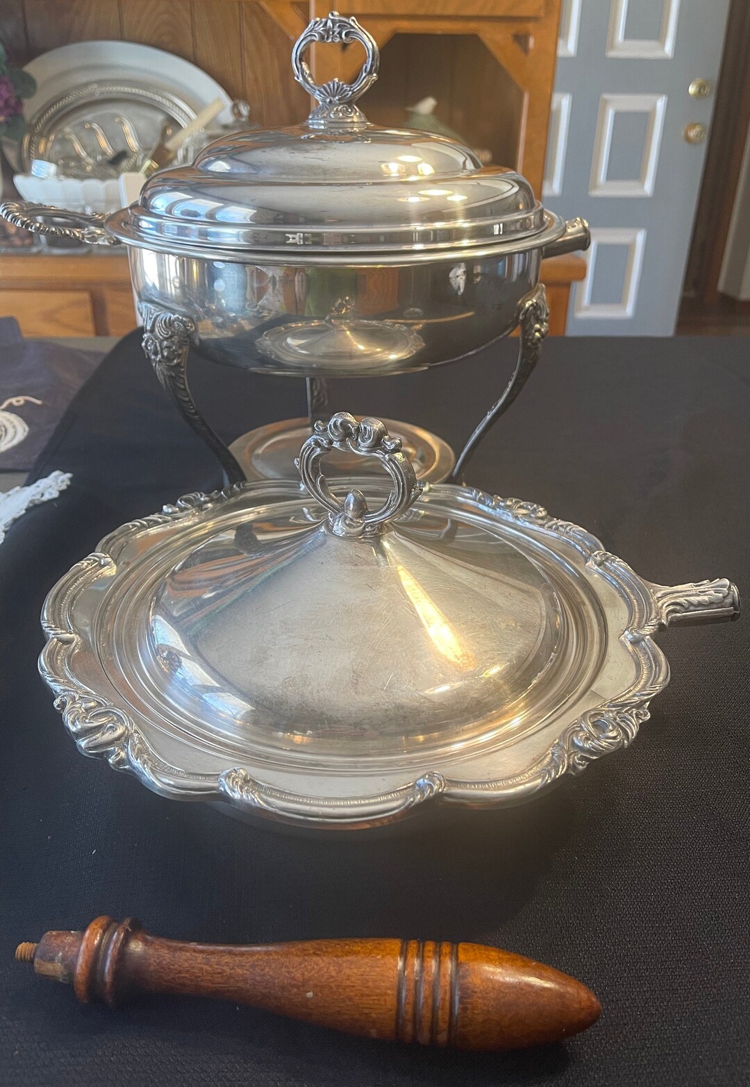 Five Piece Silver Plate Chafing Set: Burner Stand, Chafing Dish, Two ...