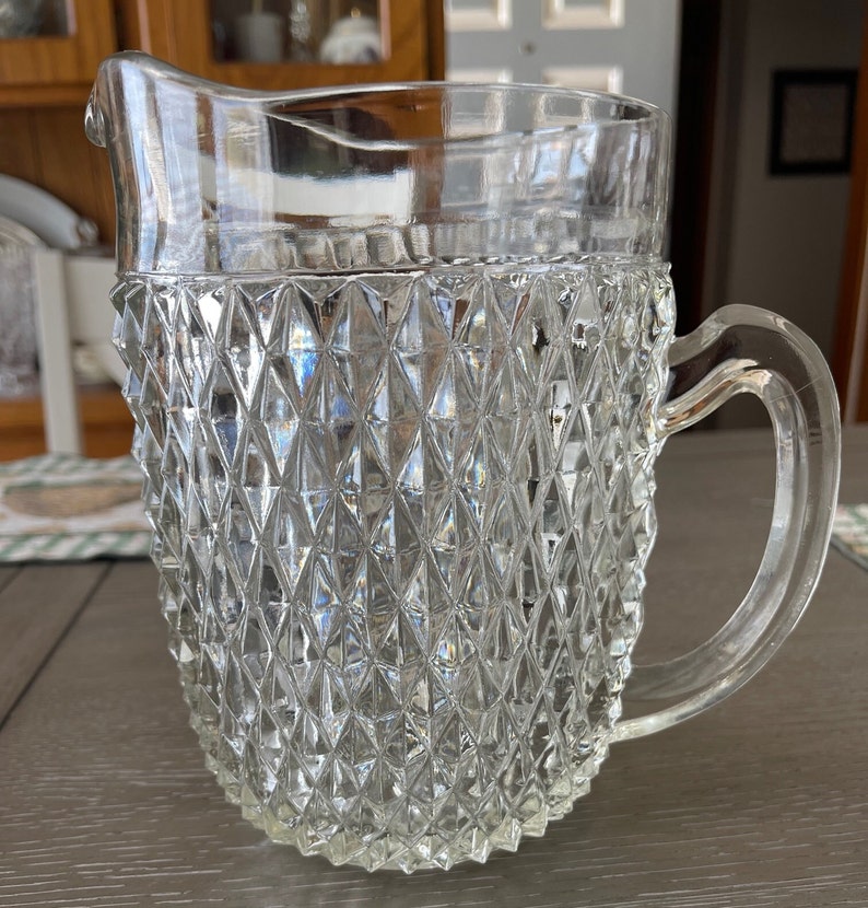 Heavy Vintage 50s Clear Cut Glass Water Pitcher Diamond Pattern ...