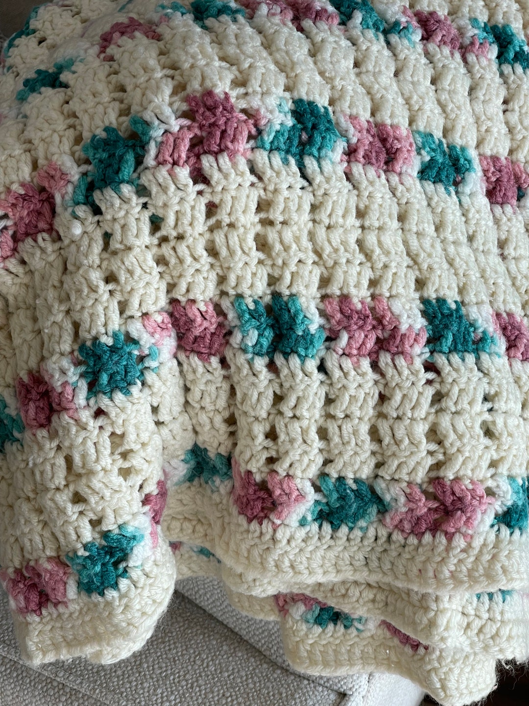 Vintage Handmade Crochet Shawl: Off-white, Rose & Teal Lap Blanket - Etsy