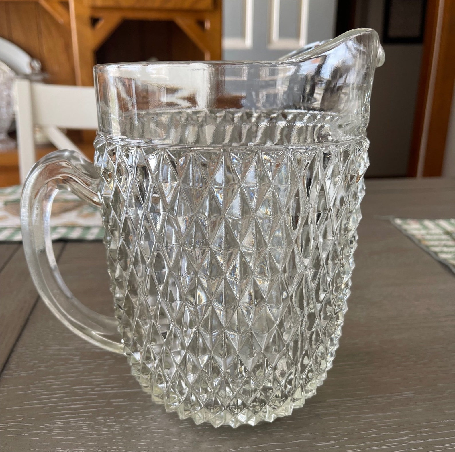 Heavy Vintage 50’s Clear Cut Glass Water Pitcher Diamond Pattern ...