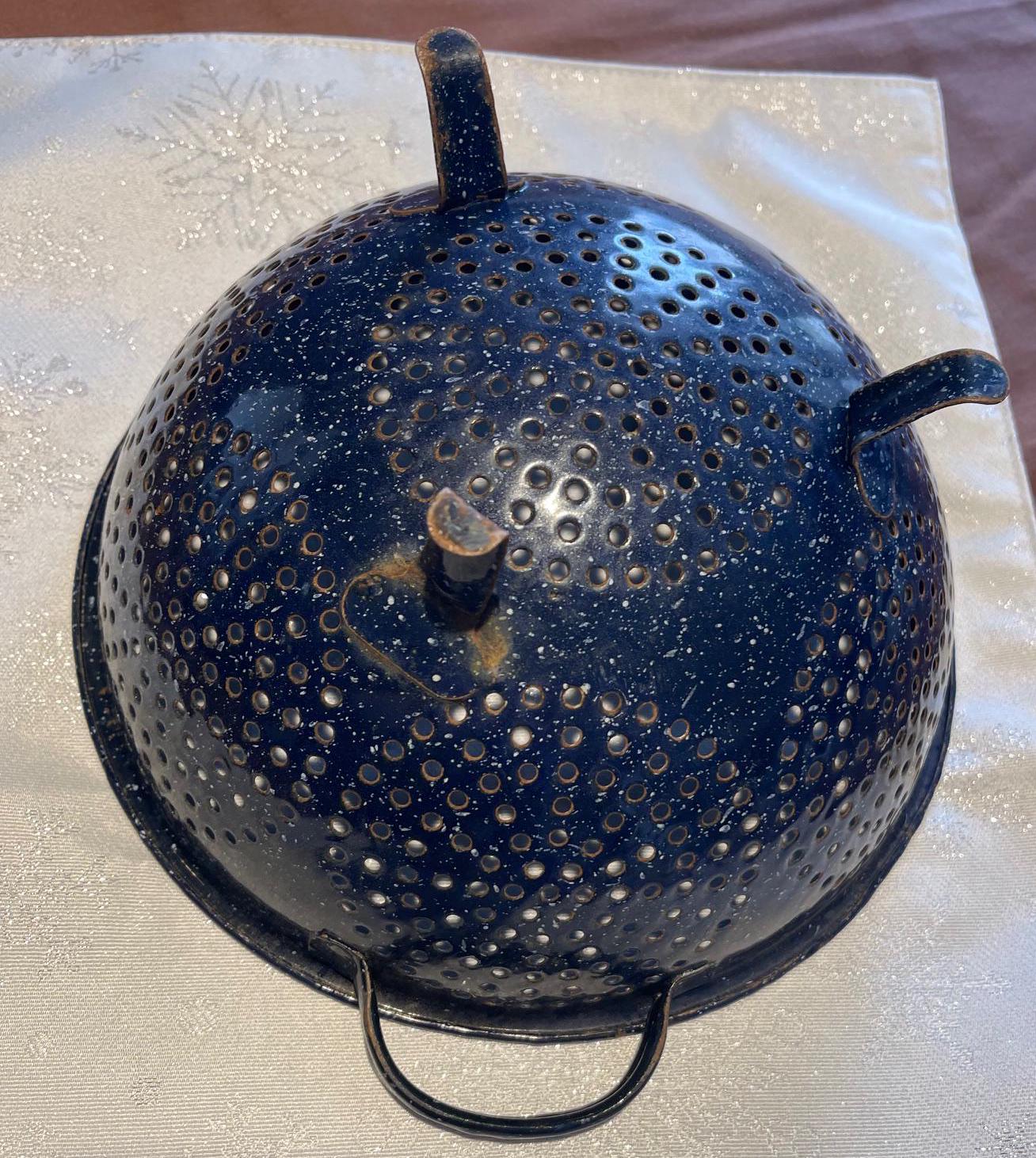 Vintage Dark Navy Blue Speckled Enamelware Colander With Handles and ...