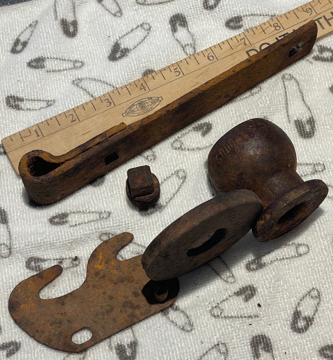 Rusty Scrap Iron Pieces: Trailer Hitch Ball, Metal Strap, Bolt, Washer ...