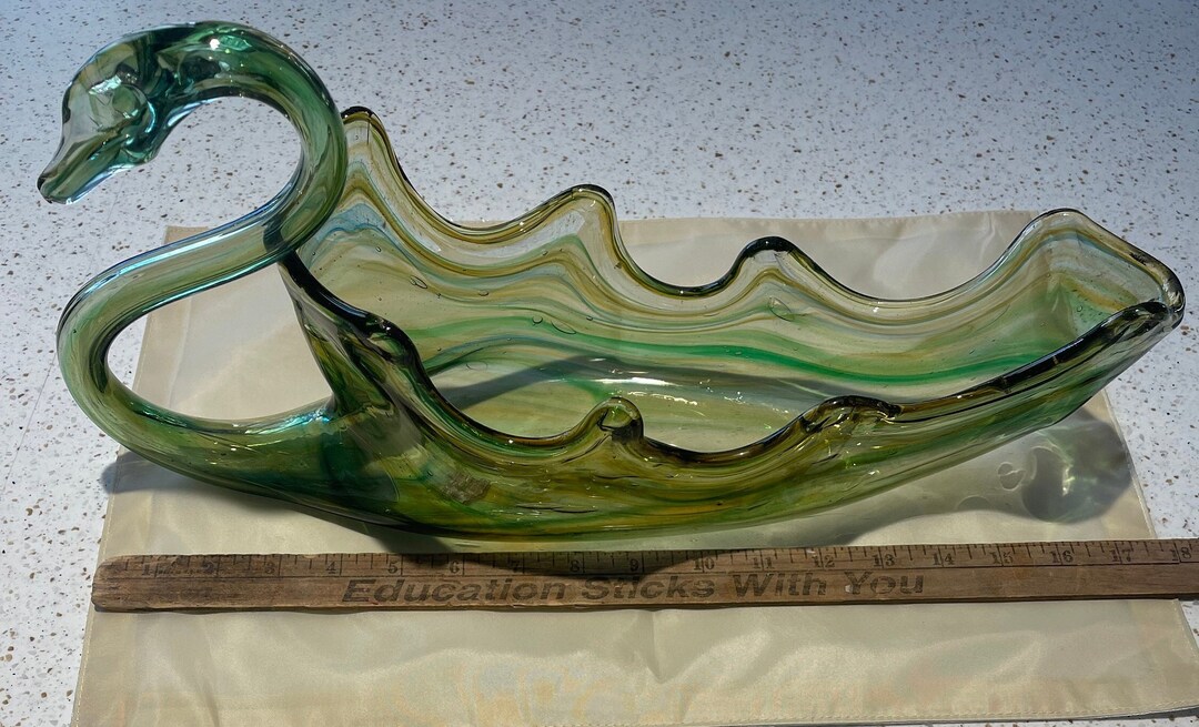Large Vintage Hand Blown Sooner/ozark Glass Art "murano Style Green ...