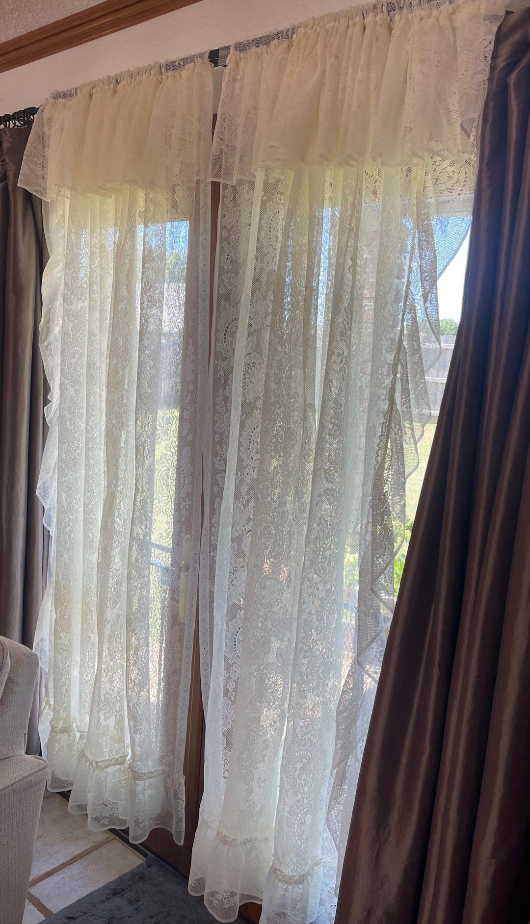 Vintage Ruffled Panel Pair of Lace Curtains Off-white/light Cream Color ...