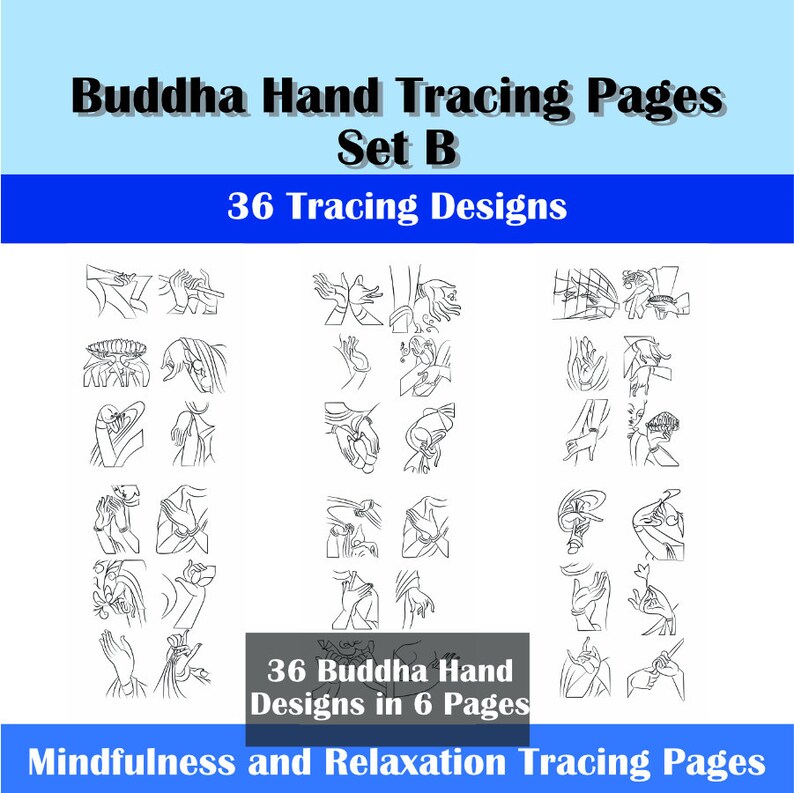 Mindfulness Tracing Pages Buddha Hands Bundle Set B 36 Designs in Grey ...