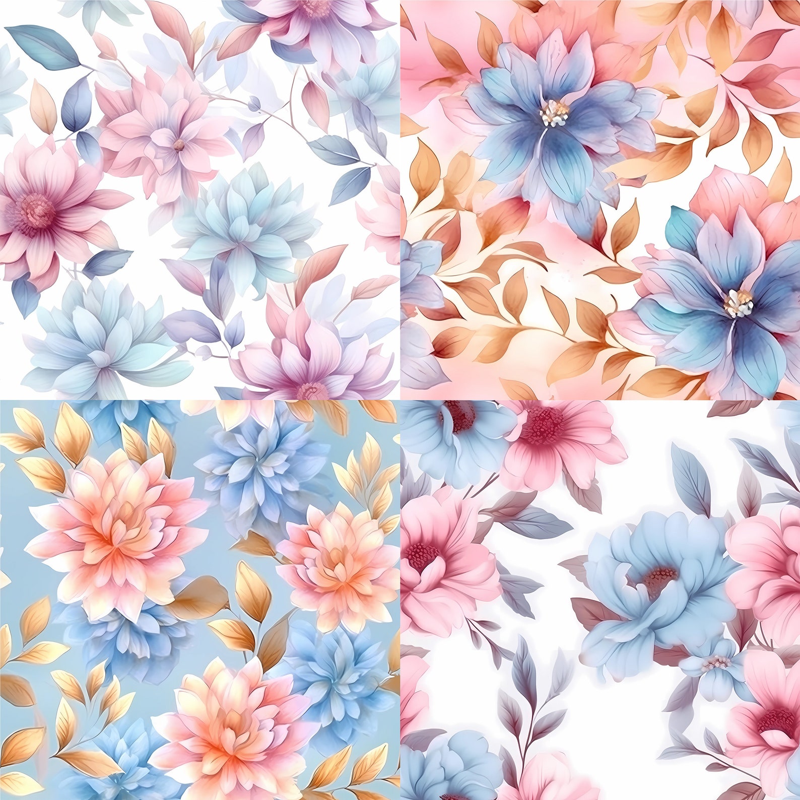Watercolor Floral Digital Paper Set Seamless Flowers Pattern ...