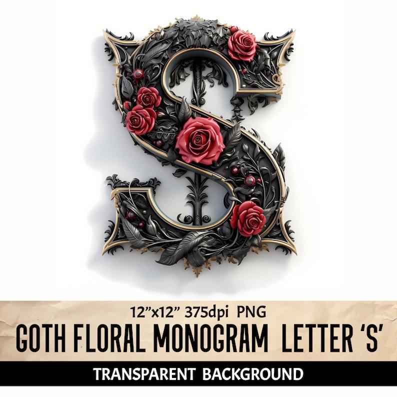 Goth Floral Monogram Initial Letter S Sublimation Scrapbooking Collage ...