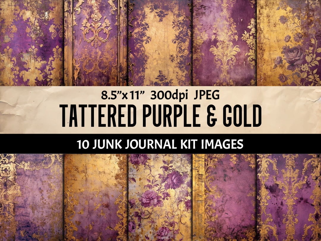 Tattered Purple & Gold Junk Journal Pages Pack of 10 Scrapbooking ...