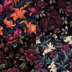 Seamless Gothic Floral Patterns - Dark Flower Digital Paper Set ...