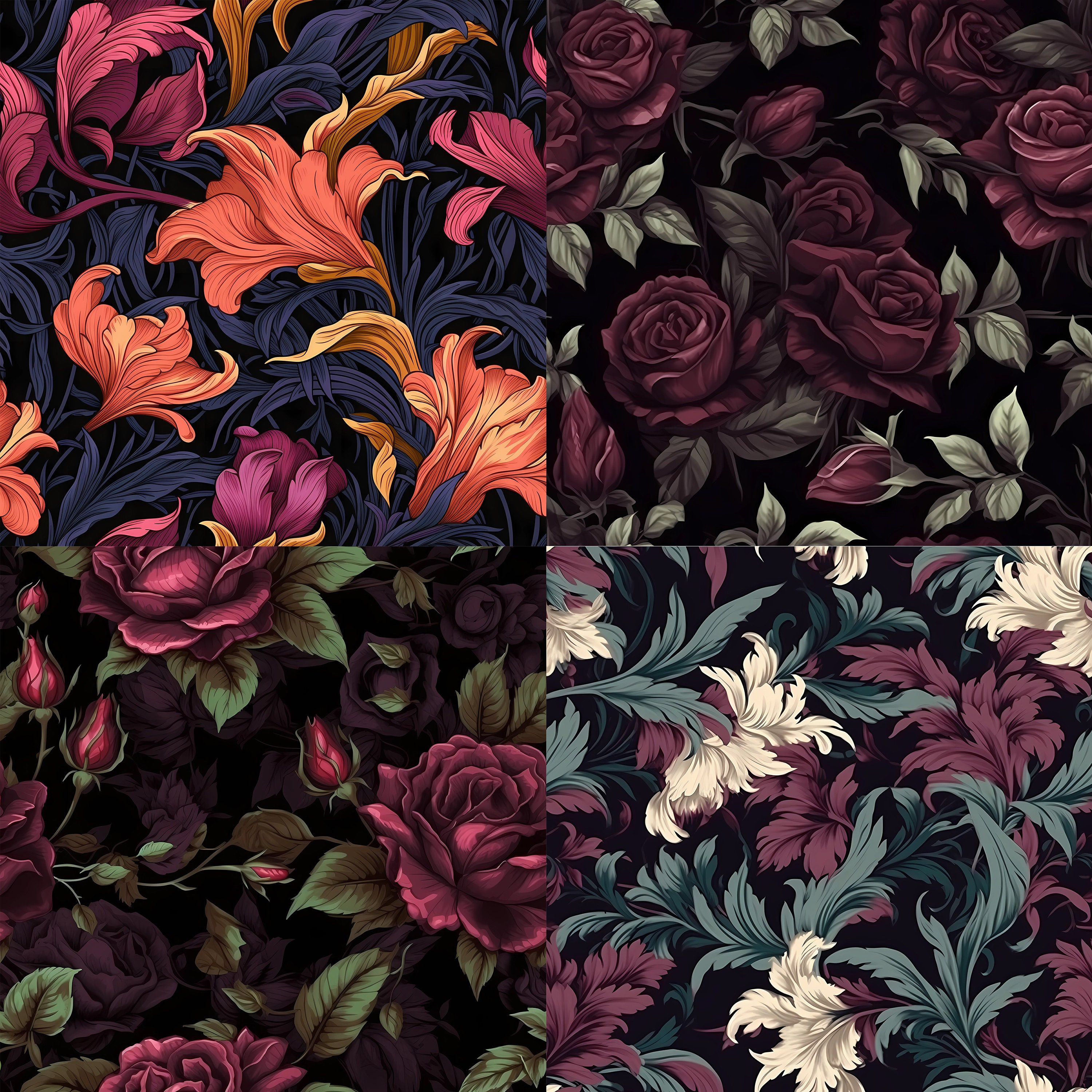 Seamless Gothic Floral Patterns Dark Flower Digital Paper Set Printable ...