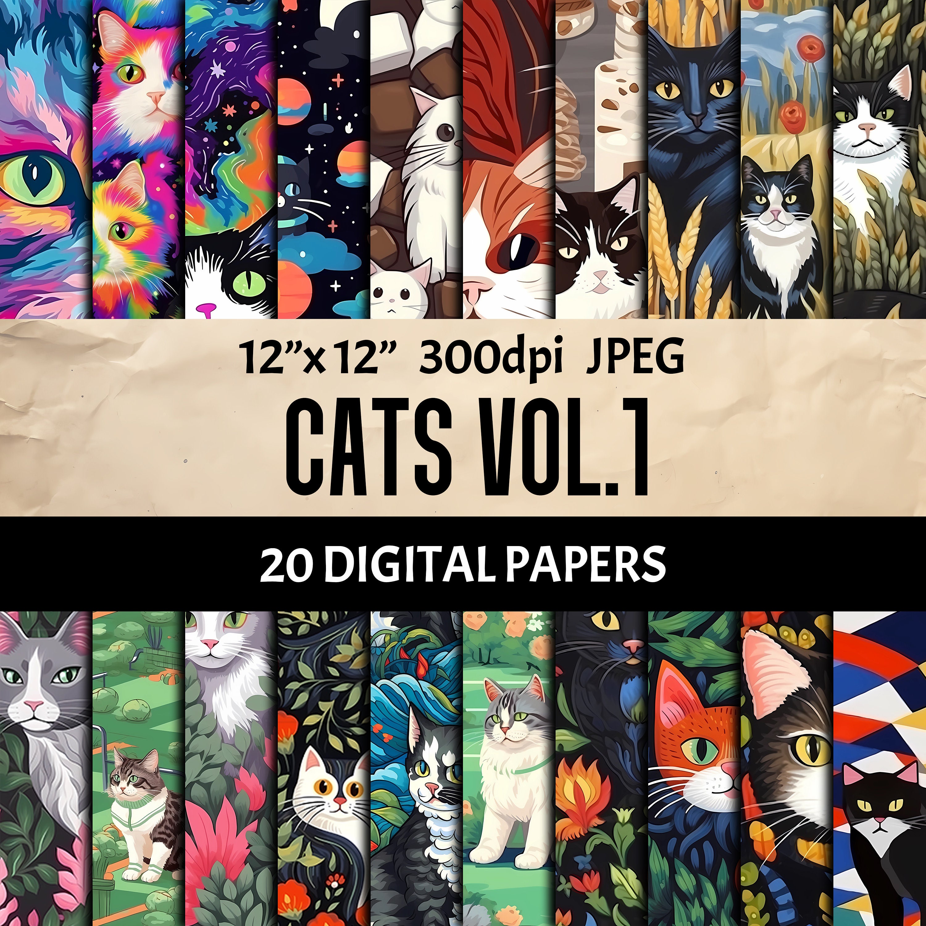 Cats Digital Paper Seamless Pattern Printable Image Sheet for Scrapbook ...