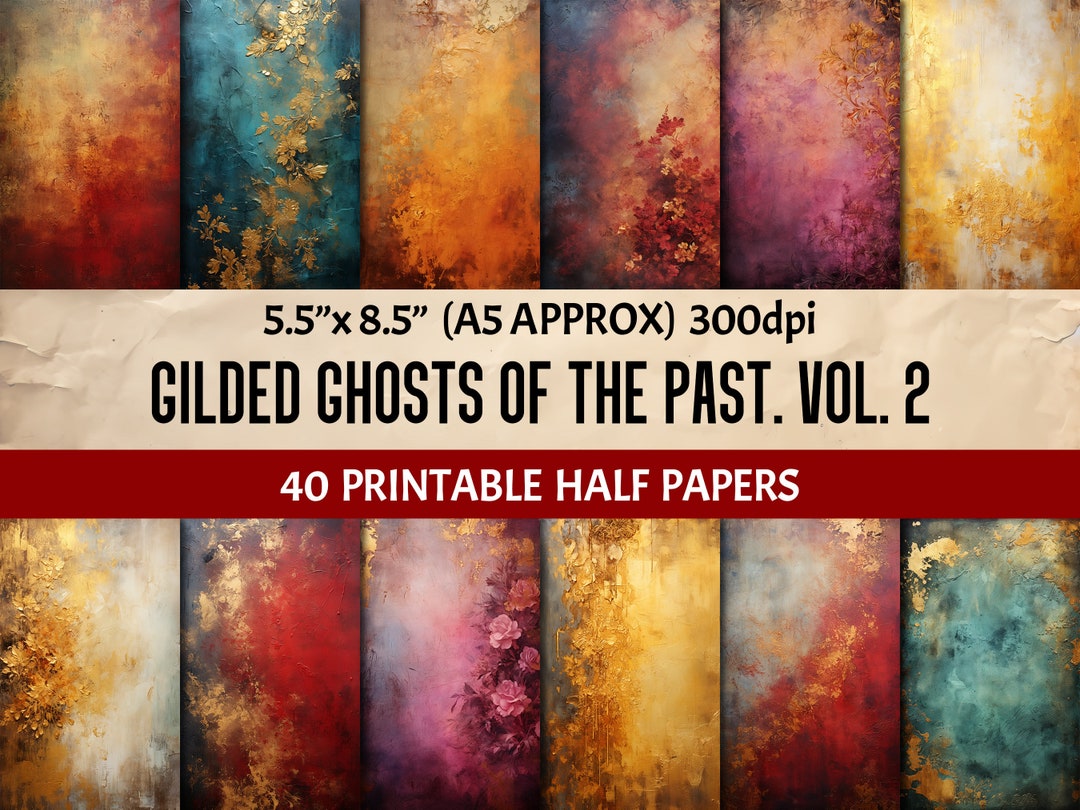 Printable Grunge Digital Paper, Gilded Tattered, Red Green Orange ...