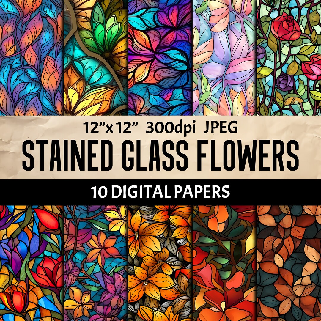 Stained Glass Floral Pattern - Art Deco Flowers Digital Paper ...