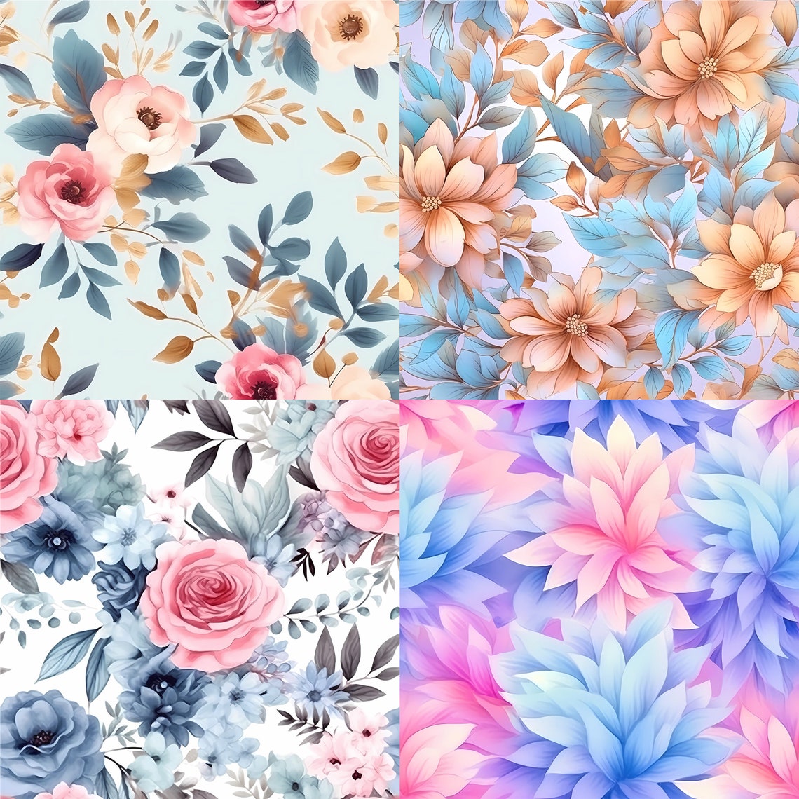 Watercolor Floral Digital Paper Set Seamless Flowers Pattern ...