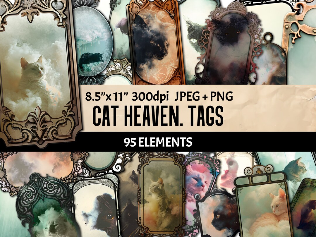 Cat Heaven Ephemera: Junk Journal Tags, 95 Printable Labels (JPEG + PNG ...