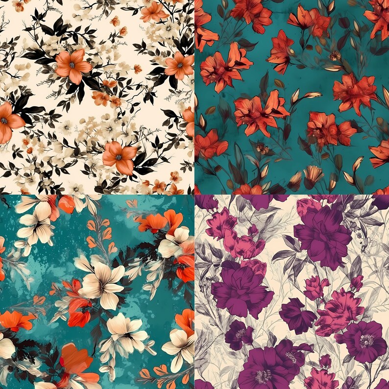 Vintage Floral Digital Paper Set Seamless Flowers Pattern - Etsy