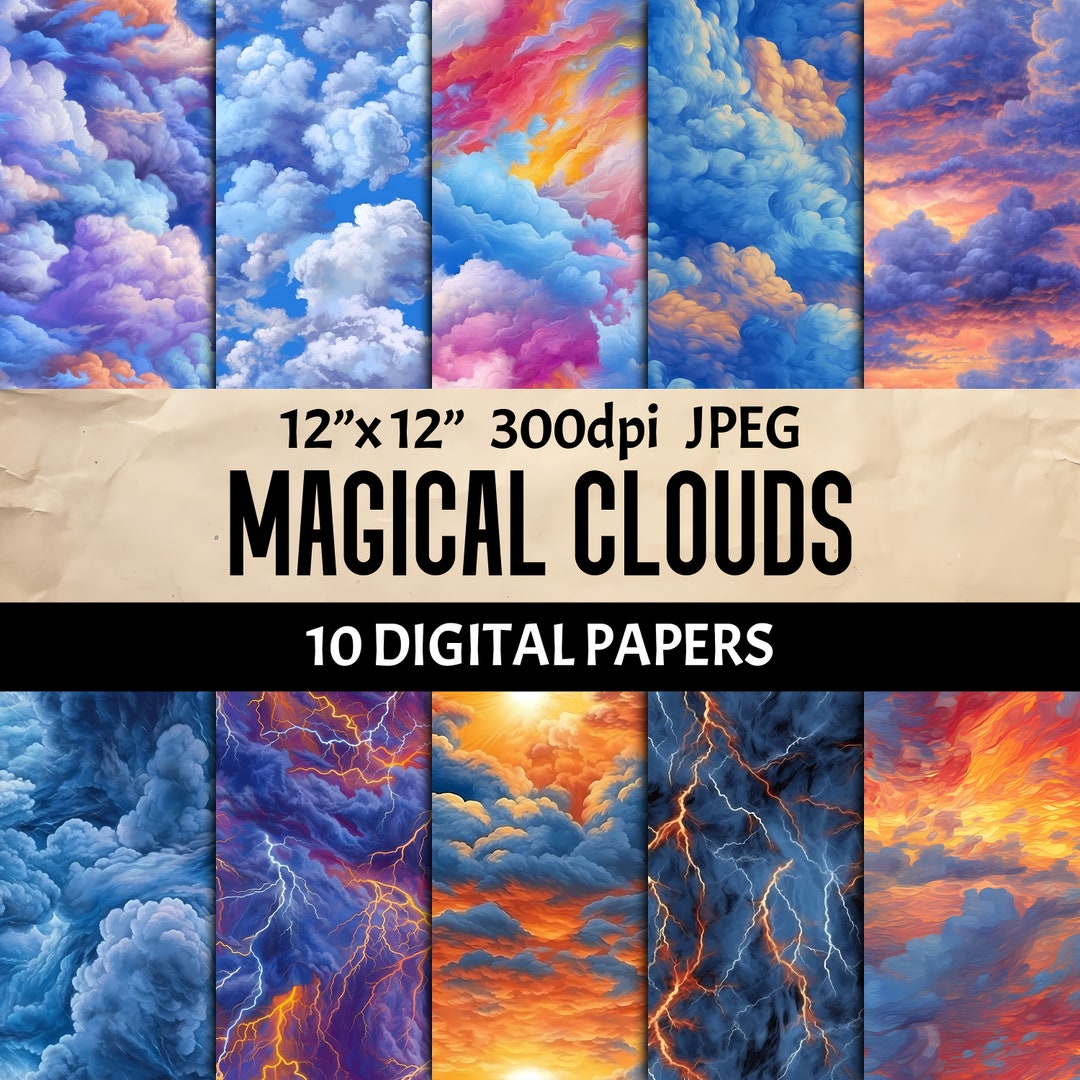 Clouds Digital Paper Set - Sunset Printable Art - Bright Sky Image for ...