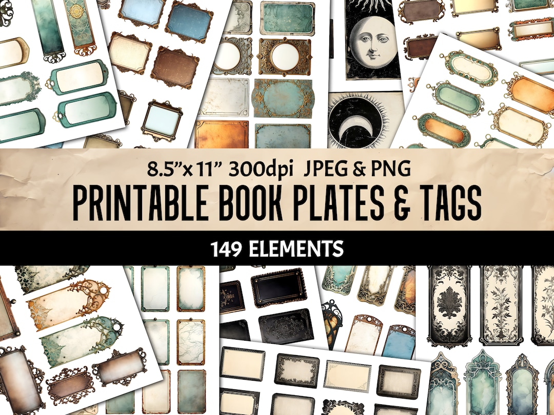 Vintage-inspired Printable Book Plates Tags & Metal Label Holders Ideal ...