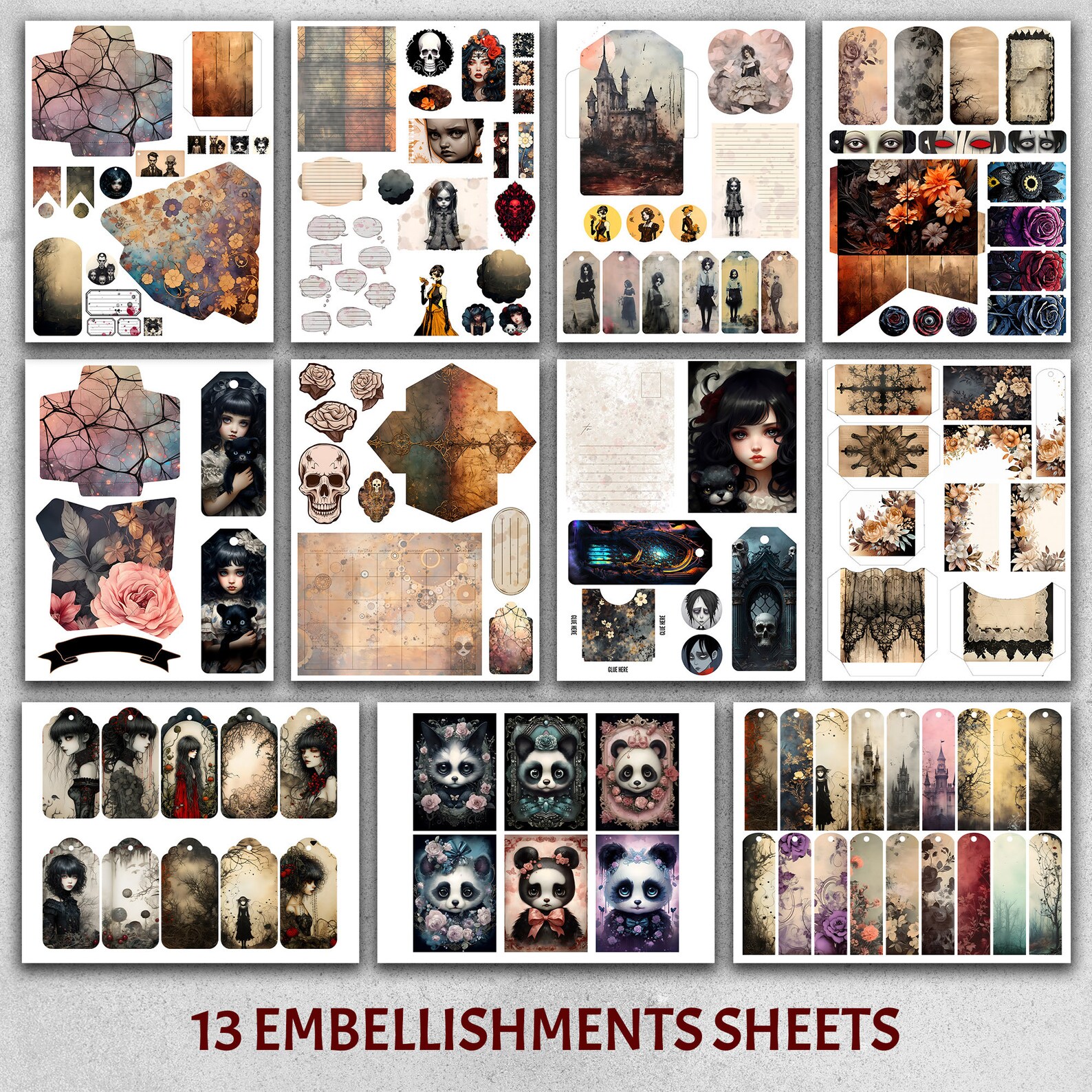 Gothic Junk Journal Kit Goth Embellishments Pages Craft Kits Digital ...